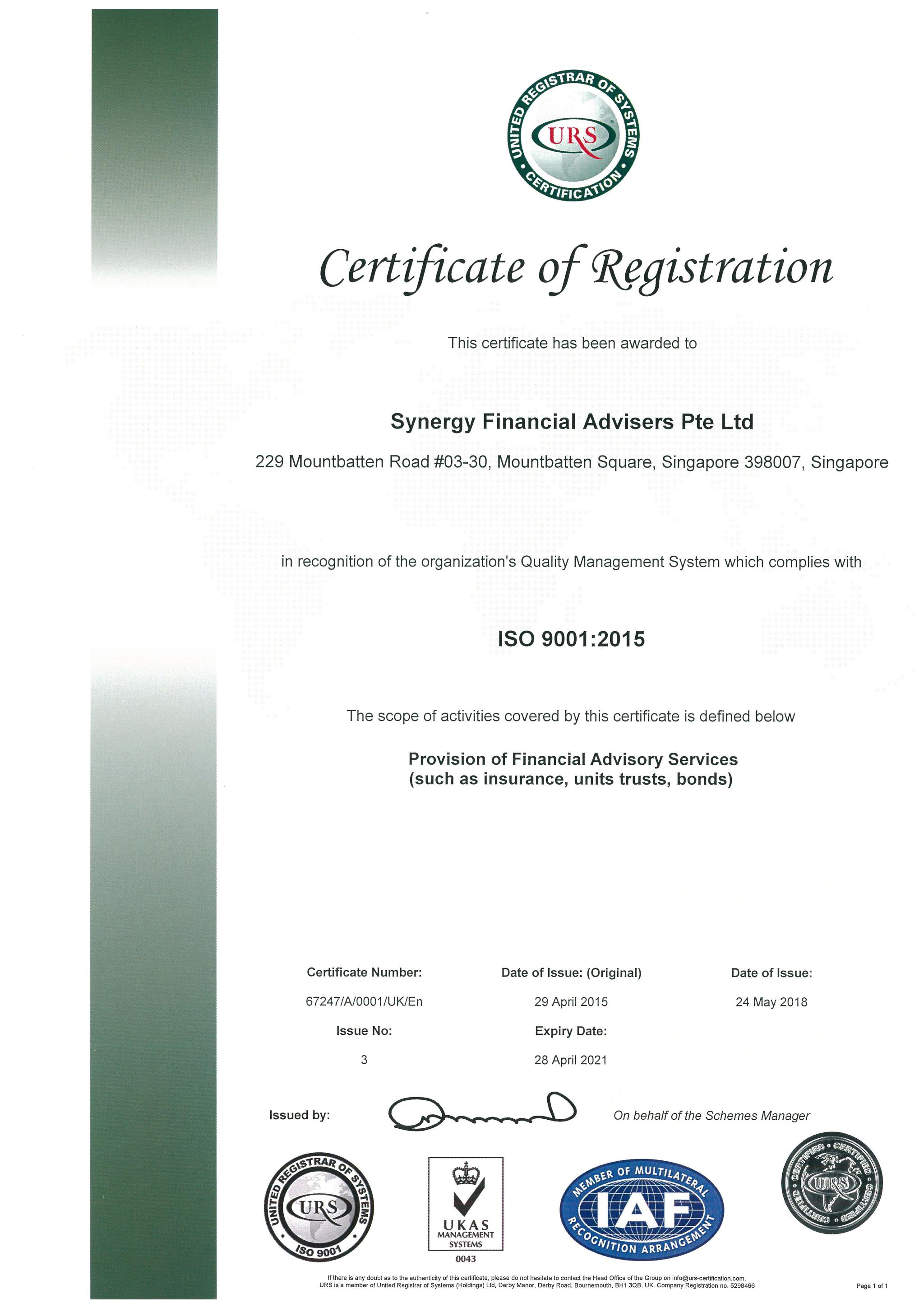 ISO 9001 Recertification | Synergy Financial Advisers